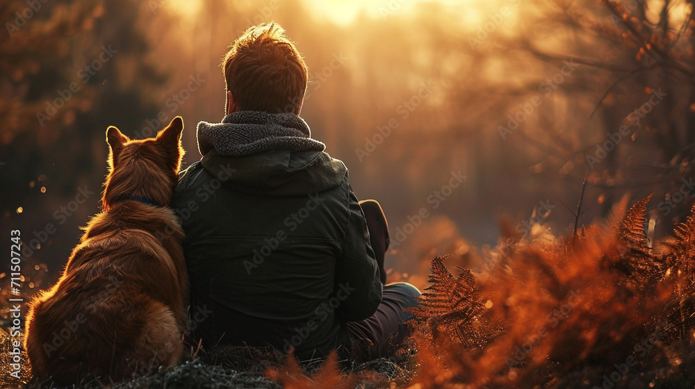 man sitting with a dog relationship of human and animal Stock Photo ...