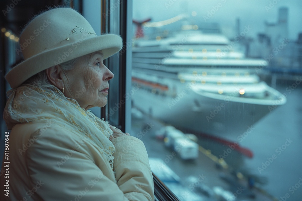 AI generated illustration of an old woman gazing through window at the ...