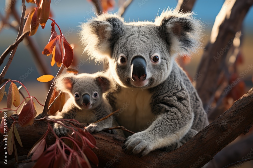 A mother koala and her precious joey cling to a branch in the wild, showcasing the beauty and ...