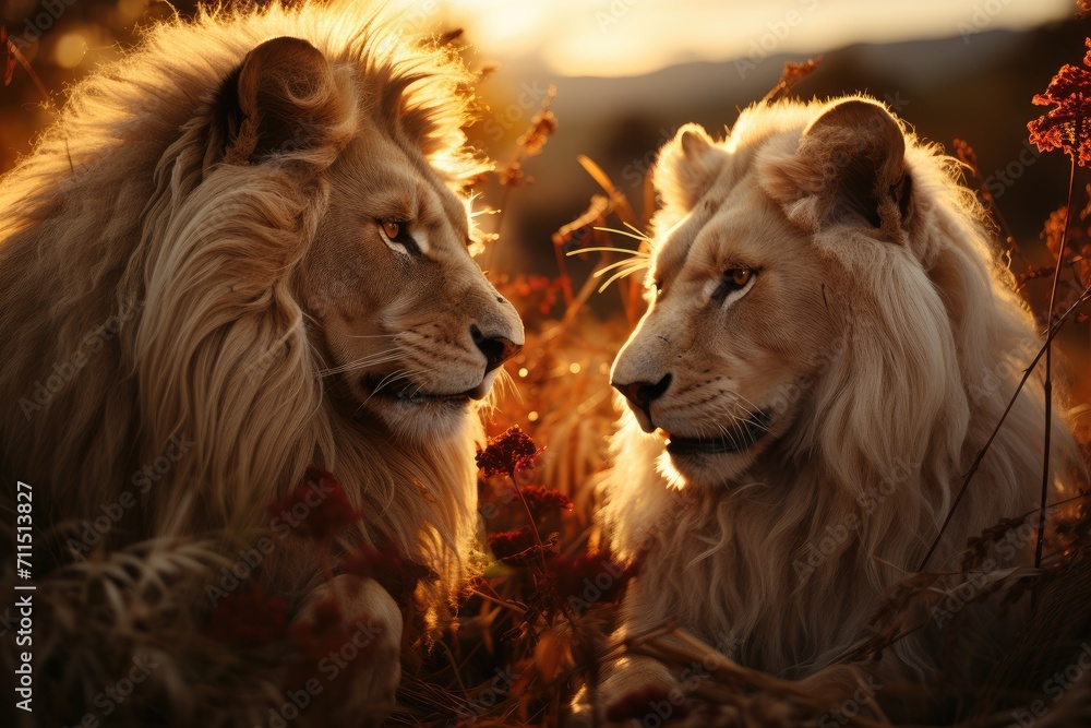 Two majestic masai lions blend into the tall grass, their golden fur ...