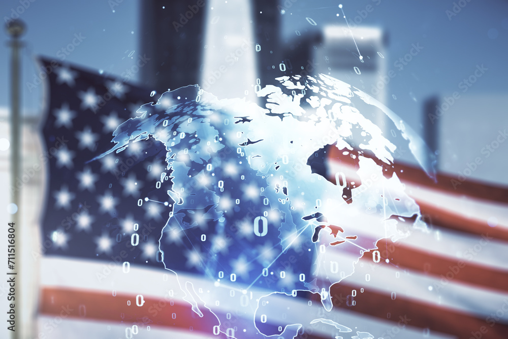 Multi exposure of abstract programming language hologram and world map ...