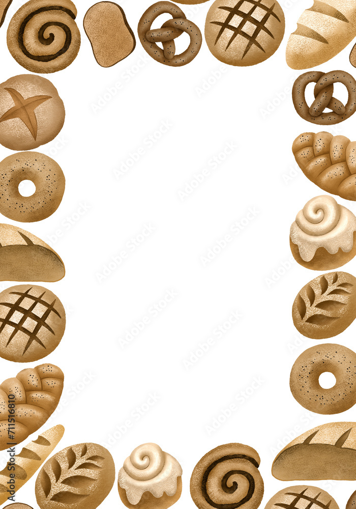 Vertical border frame with loaves of bread. Hand drawn illustration on ...