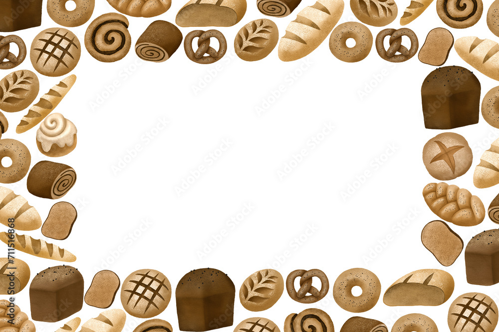 Horizontal border frame with bread. Border of baking bread. Hand drawn ...
