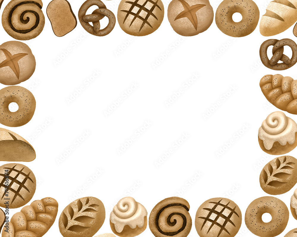 Horizontal border frame with loaves of bread. Pastry and bakery food ...