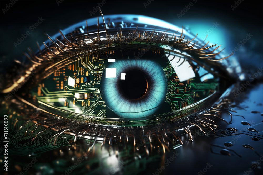 a hybrid of a digital human eye and a lens on a printed circuit board ...