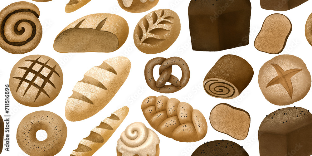 seamless hand drawn pattern with bread. Illustration of fresh yeast ...