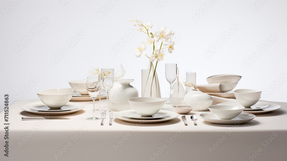 a pristine dinner set meticulously arranged on a white background, each ...