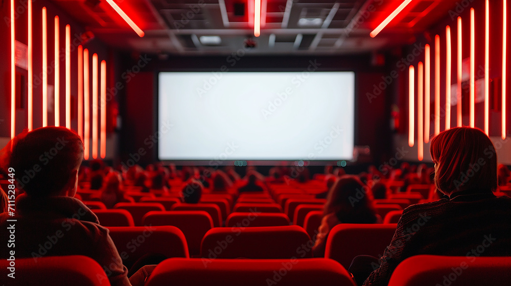 Cinema blank screen and people in red chairs in the cinema hall ...
