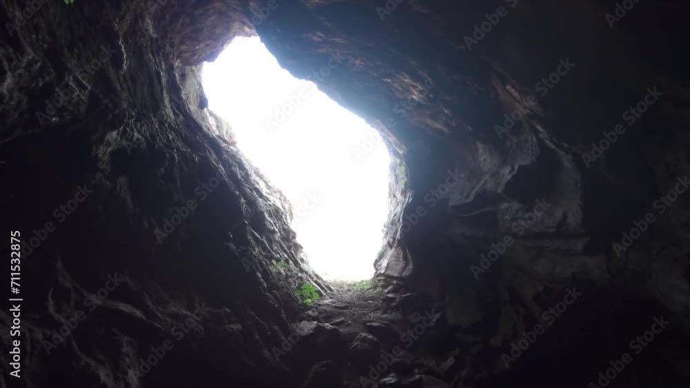 Gazing outward from a deep cave, sunlight filtering through an opening ...