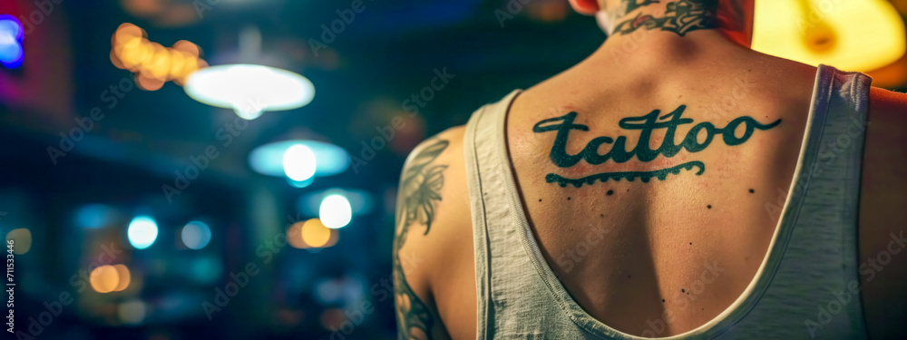 person's shoulder with a tattoo that reads "tattoo" in cursive script ...