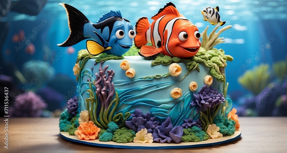 -"Craft visually stunning and ultra-realistic Nemo-themed cake images ...