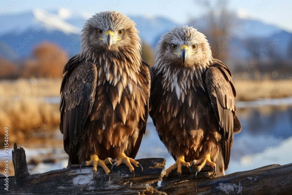 Two majestic birds, a bald eagle and a golden eagle, stand tall on a ...