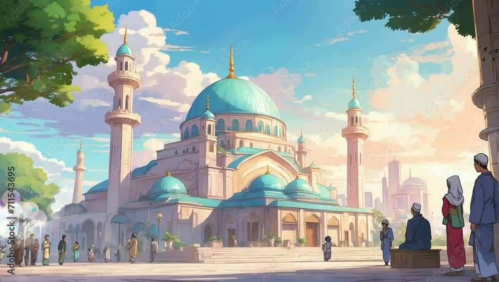 The mosque is in the middle of the city. Cartoon and anime vector ...