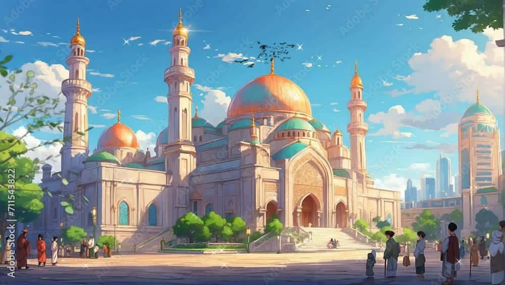 The mosque is in the middle of the city. Cartoon and anime vector ...