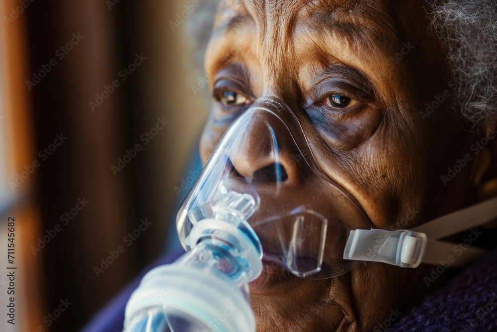 An elderly woman wearing an oxygen mask for medical purposes. This ...