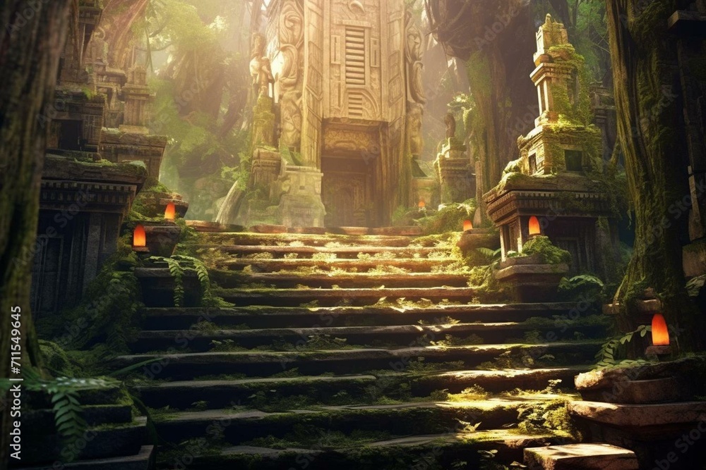 Sunlit ancient temple ruins in jungle, moss-covered stone, root-covered ...