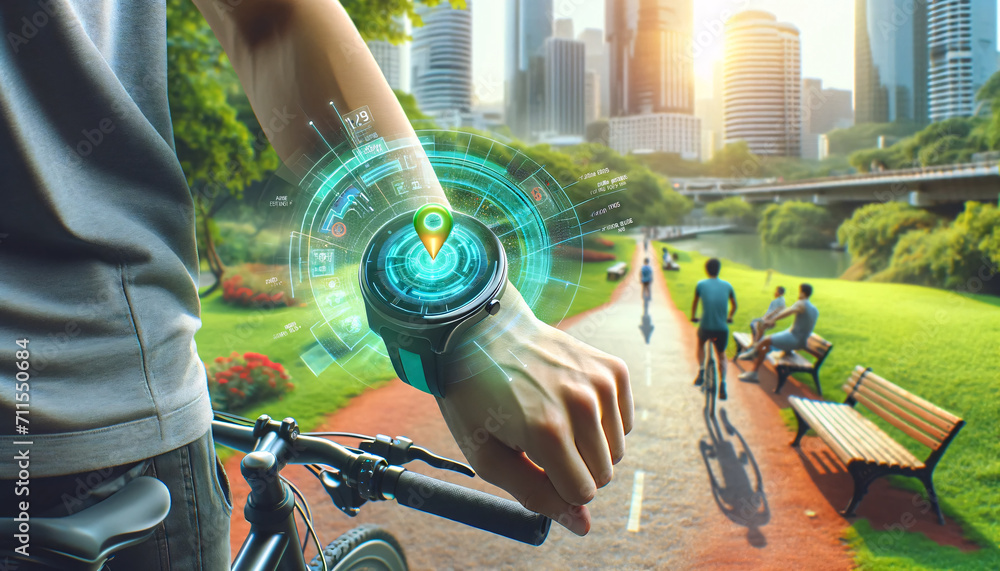 Cyclist in a city park using a smartwatch with a 3D hologram route map ...