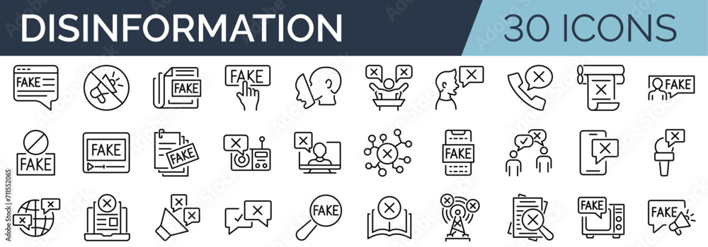Set of 30 outline icons related to disinformation. Linear icon ...