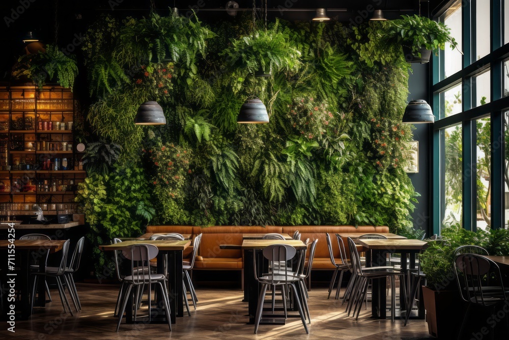 A modern cafe or restaurant with a living wall of greenery, biophilic ...