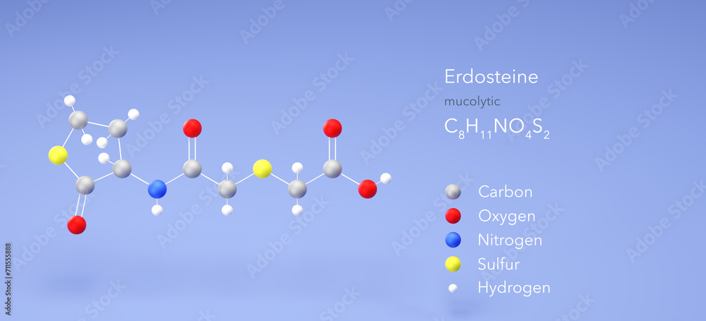 Erdosteine Molecule Molecular Structures Mucolytic 3d Model Structural Chemical Formula And