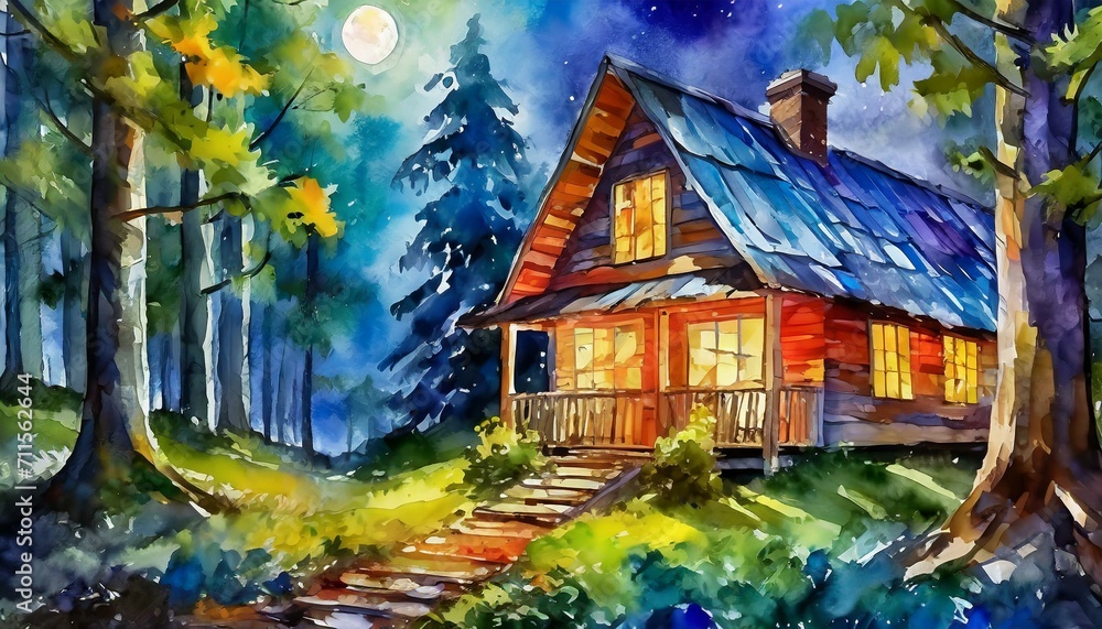 a cozy cabin surrounded by nature. Use bold brushstrokes to convey the ...