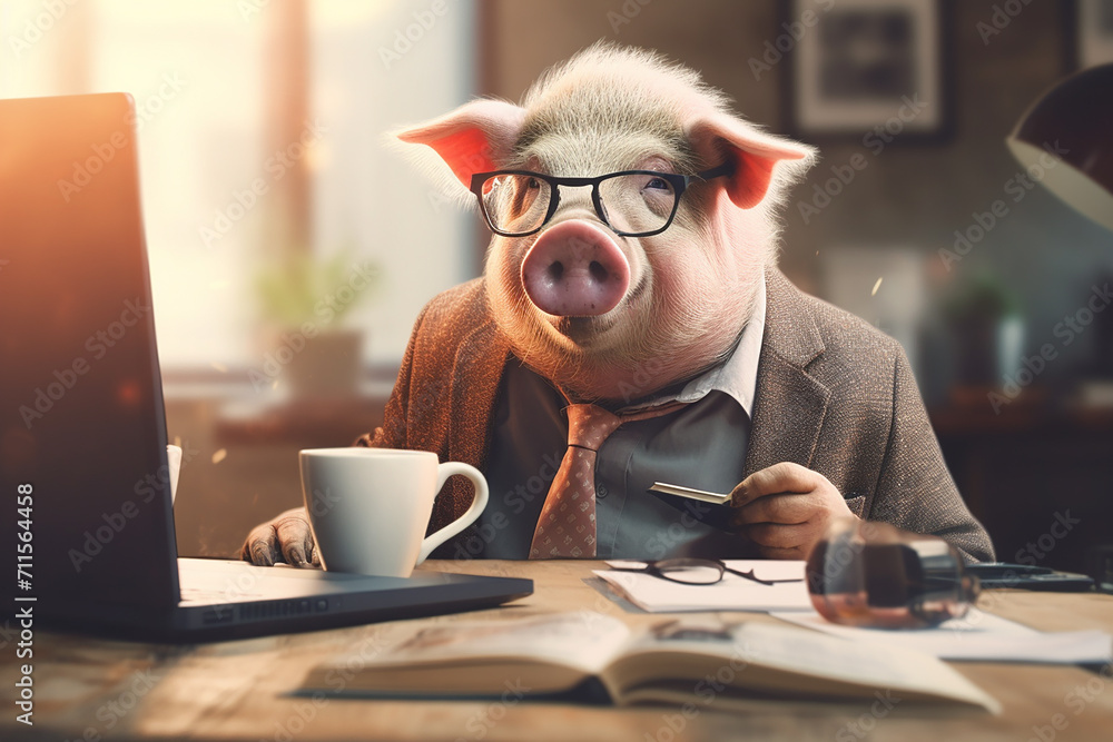 Fat pig boss office worker wearing suit sitting behind computer desk in ...