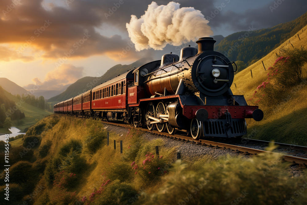 A journey on a vintage steam locomotive, traversing through picturesque ...