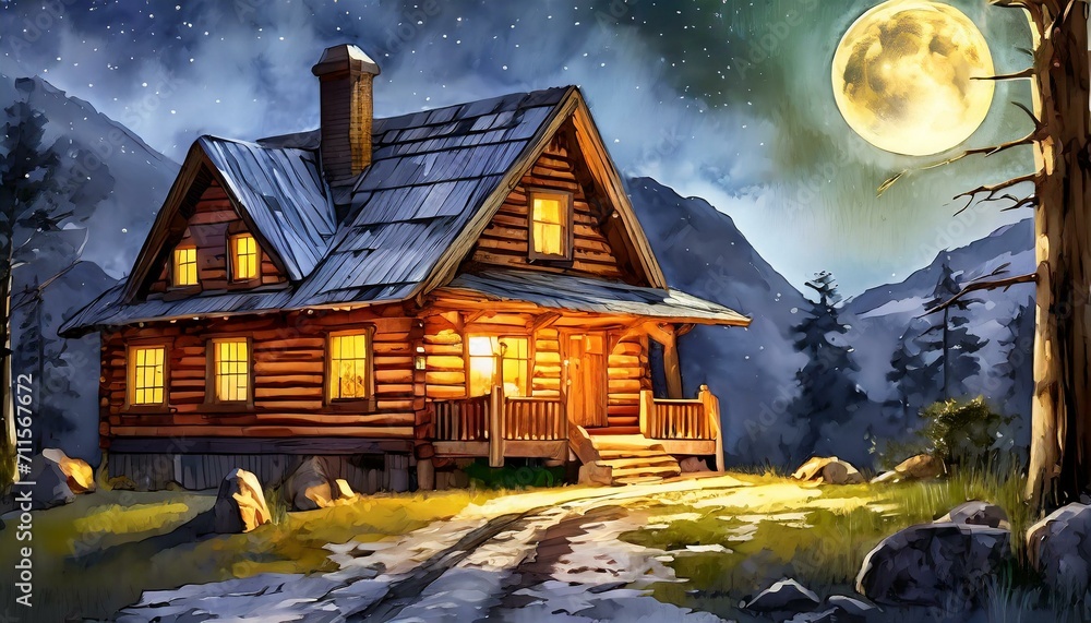 house in the night.a cozy cabin illuminated by the soft light of the ...
