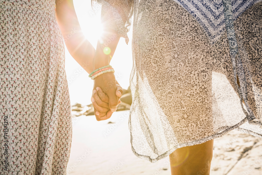 Mixed Race Couple Holding Hands On The Beach Cape Town South Africa