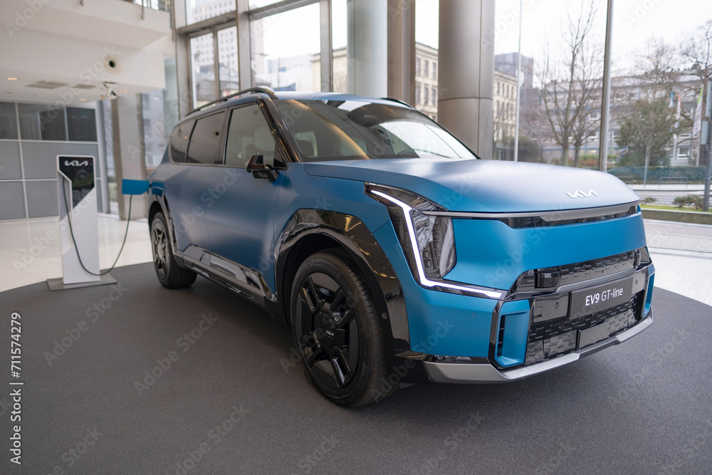 new blue electric Kia EV9 GT-Line AWD, South Korean ev 2024 in showroom ...