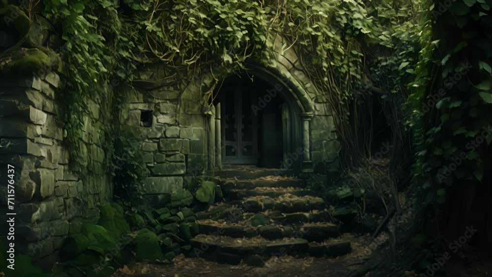 An ancient crypt shrouded in darkness cobwebs and ivy clinging to its ...