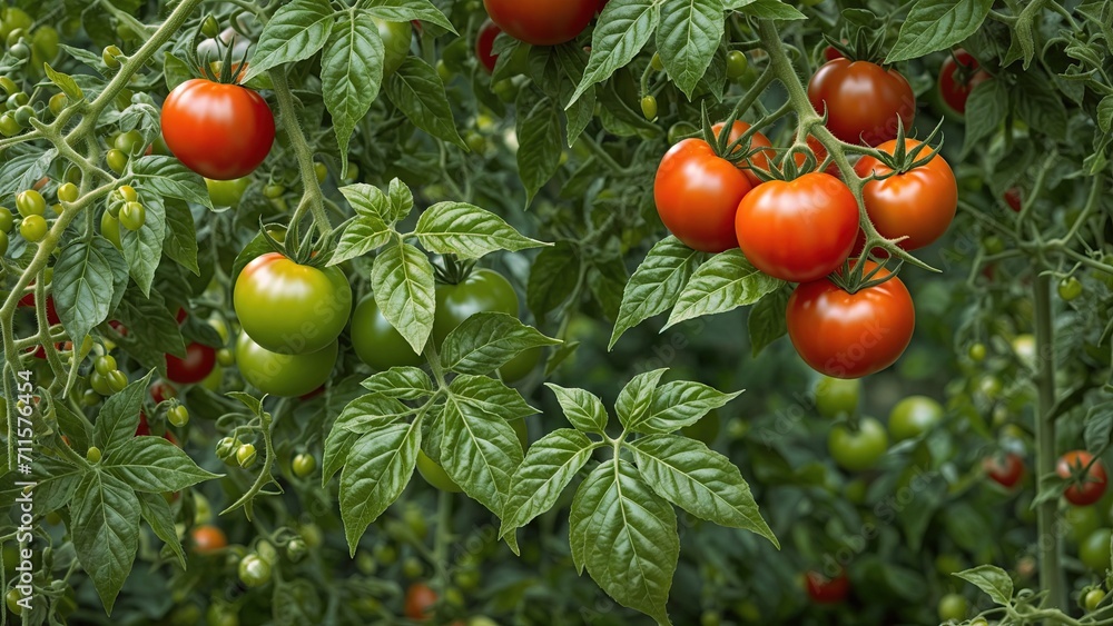 The image shows a tomato plant with several red and green tomatoes ...