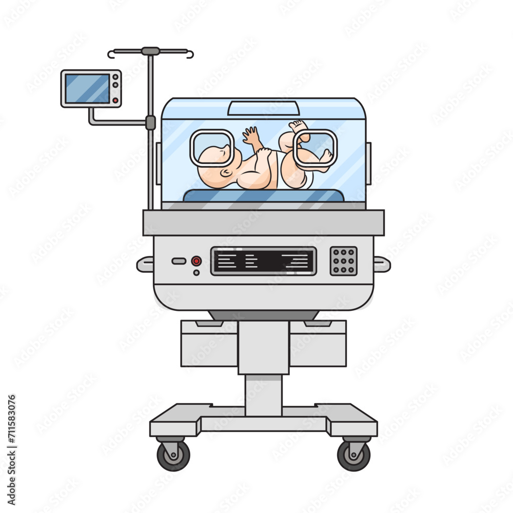 Preterm premature birth baby child at neonatal incubator diagram hand ...