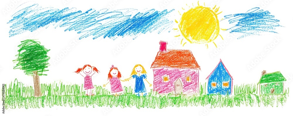 Naive children's drawing with colored chalk on white paper, made by ...