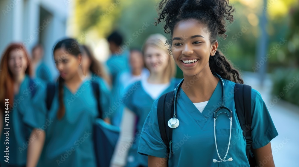 Diverse team of medical students young women in scrubs walk together on ...