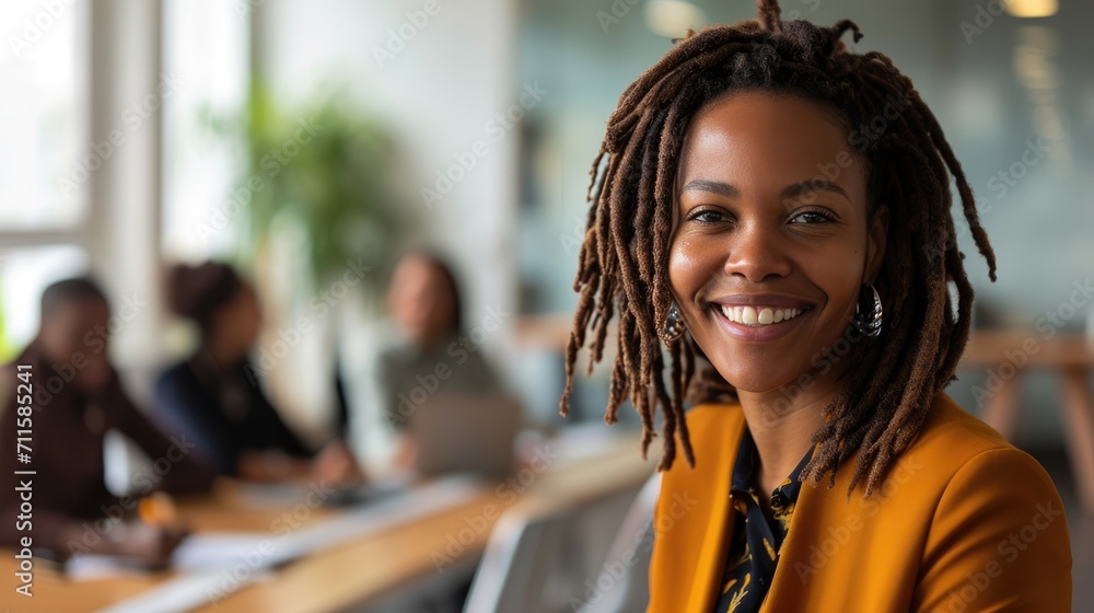 Woman with dreadlocks smiling at business office. Mature and ...