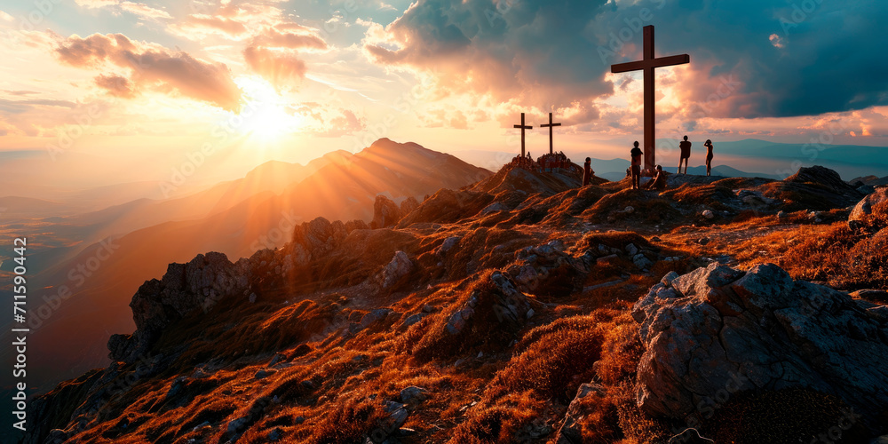 Foto de Sunset Silhouette Depicting the Crucifixion of Jesus, Alongside ...