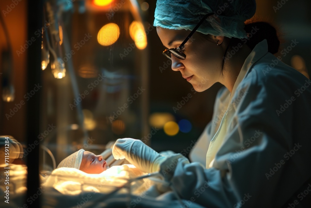 Female doctor examining newborn baby in incubator Stock Photo | Adobe Stock