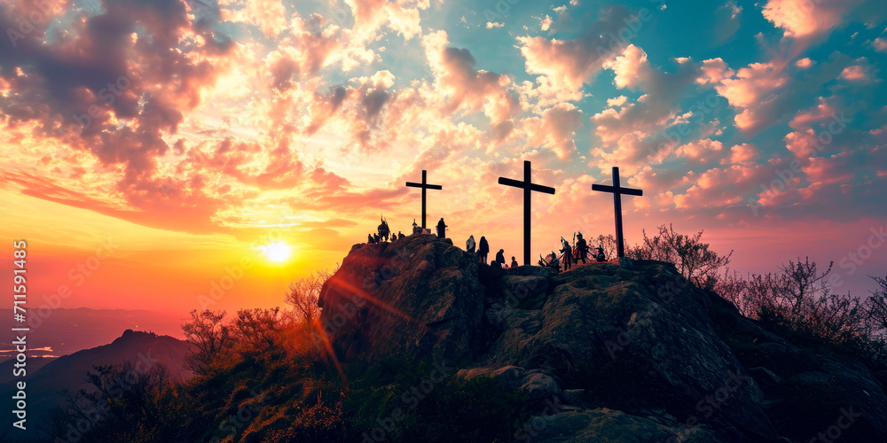 Sunset Silhouette Depicting the Crucifixion of Jesus, Alongside the ...