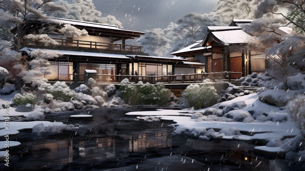 Onsen ryokan or a traditional classic modern Japanese house with ...