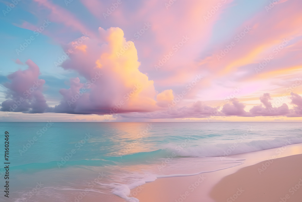 Beautiful pastel colored beach scene with teal water and pink clouds ...