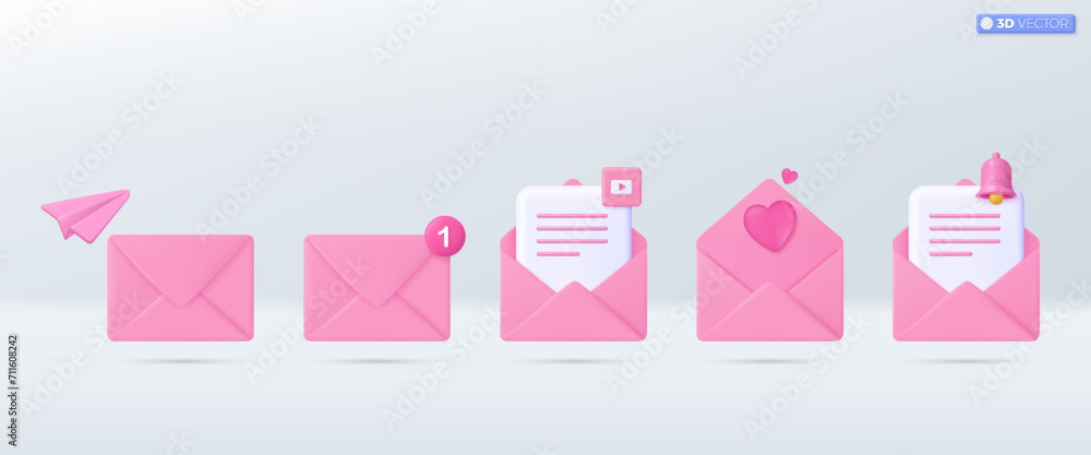 3d Pink mail envelope icon set symbol. Render email notification, play ...