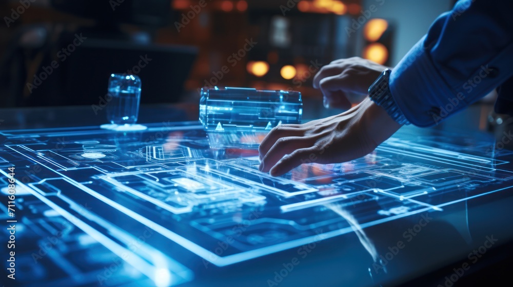 Futuristic engineering blueprint or schematic diagram, incorporating ...