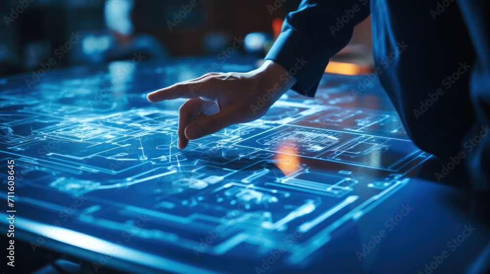 Futuristic engineering blueprint or schematic diagram, incorporating ...