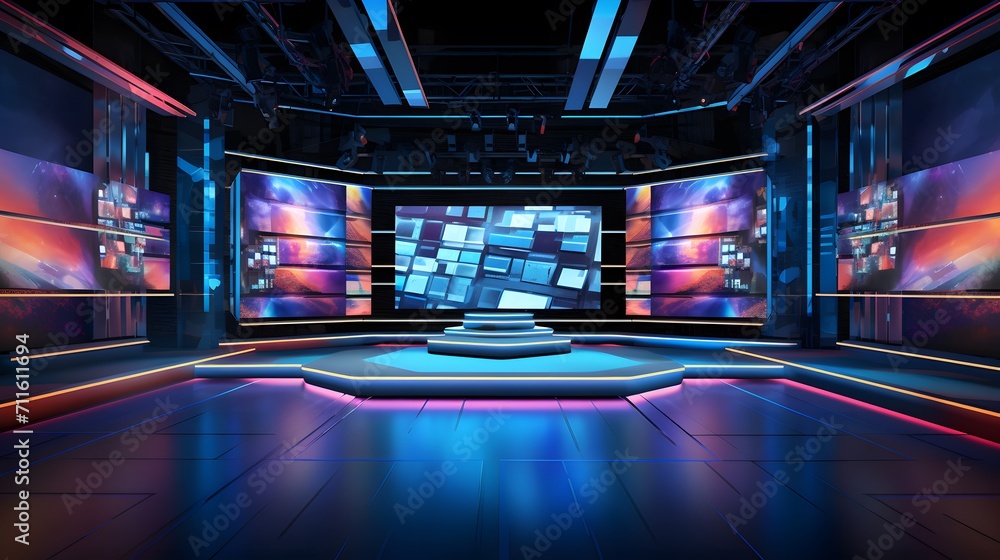 TV studio set in preparation. Large scale monitors. Stock Photo | Adobe ...