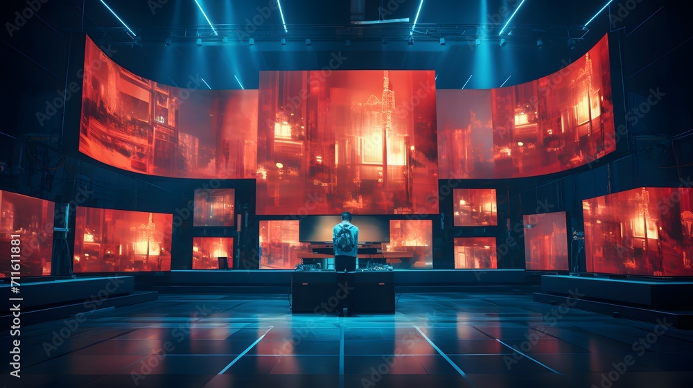 TV studio set in preparation. Large scale monitors. Stock Photo | Adobe ...