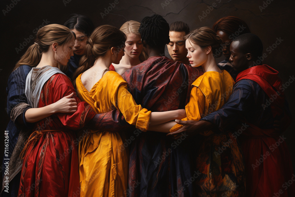Global harmony: A circle of friends in traditional garments embracing ...