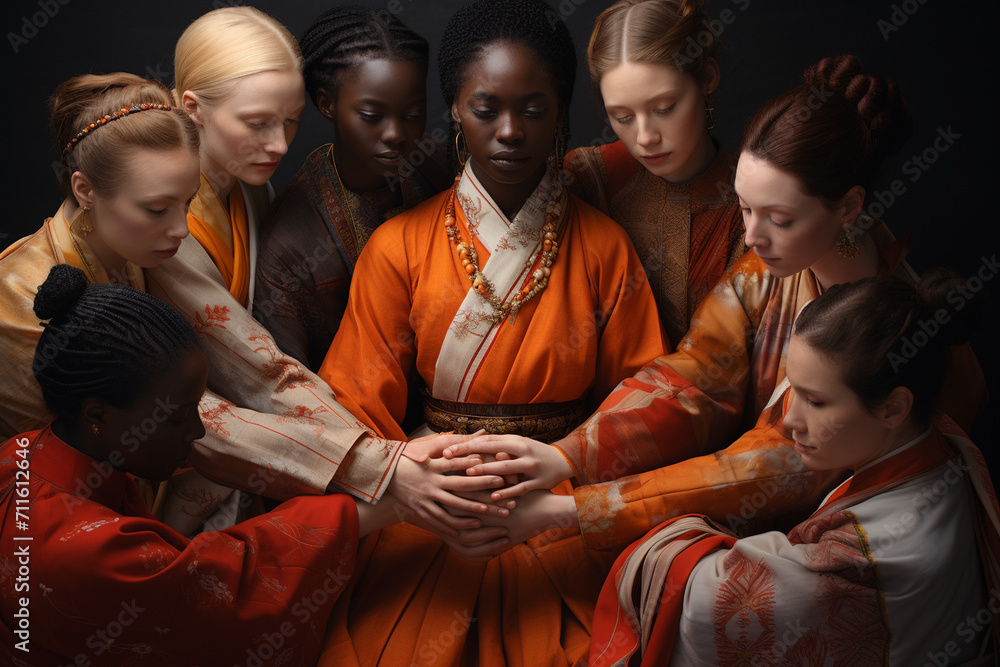 Global harmony: A circle of friends in traditional garments embracing ...