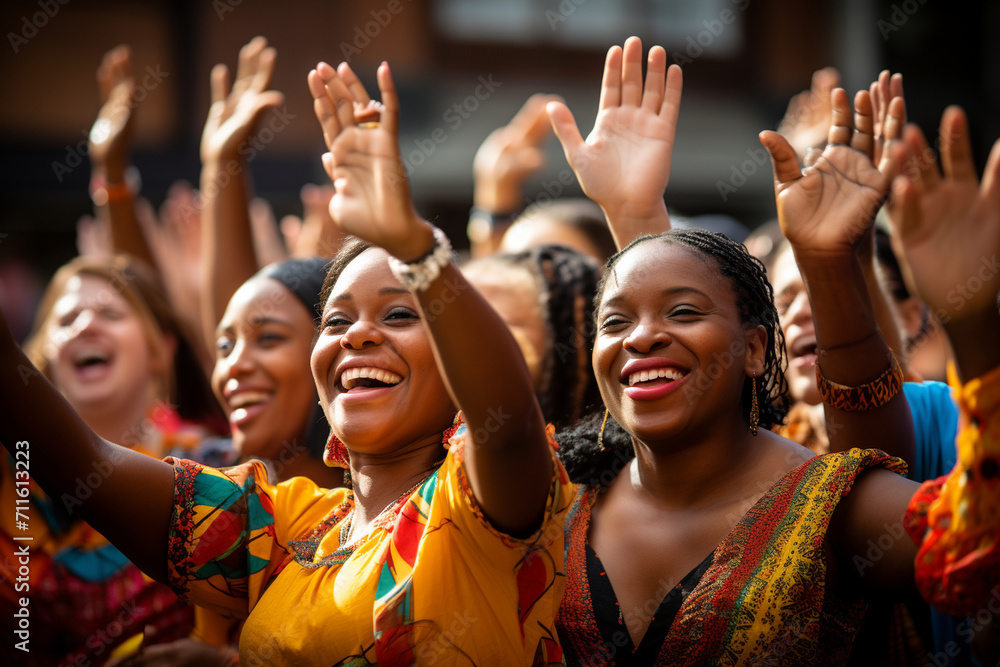 Unity celebration: A group of individuals in traditional attire raising ...