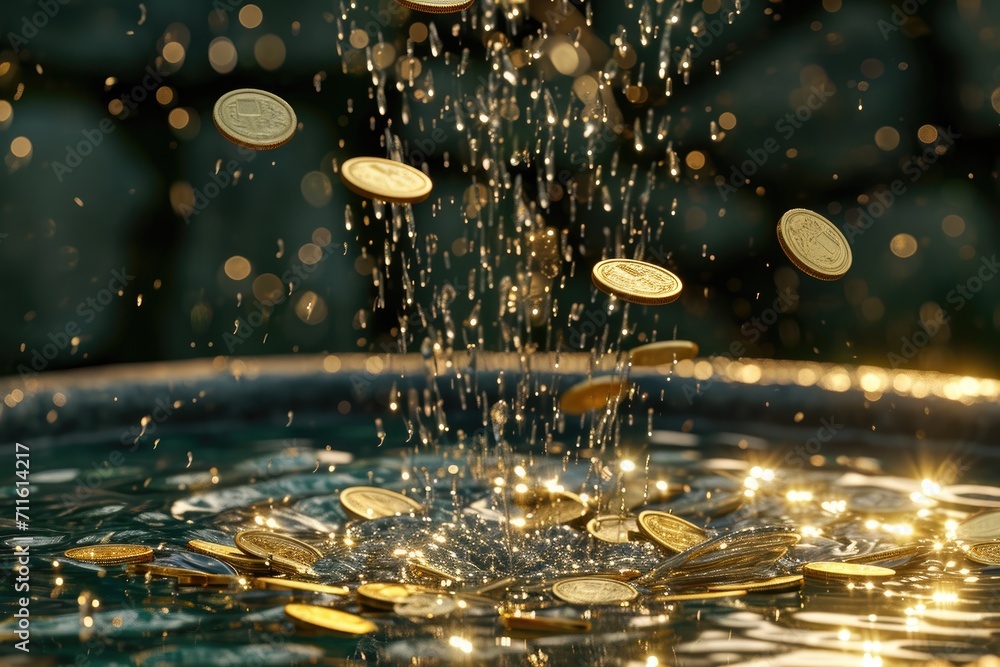 coins are in mid-air and submerged in the water creating a dynamic ...